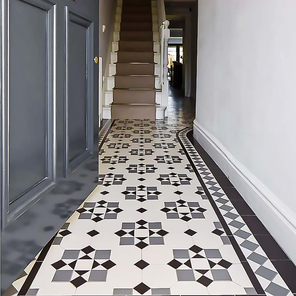 Tenby black, dover white & grey, Cardigan victorian floor tile design ...