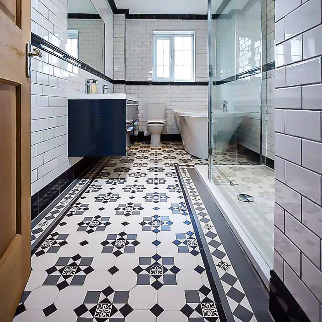 Tenby black, dover white & grey, Cardigan victorian floor tile design ...